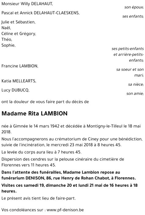Avis De Décès De Rita Lambion Décédé Le 18052018 à Montigny Le