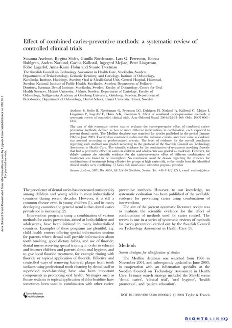 Pdf Effect Of Combined Caries Preventive Methods A Systematic Review Of Controlled Clinical