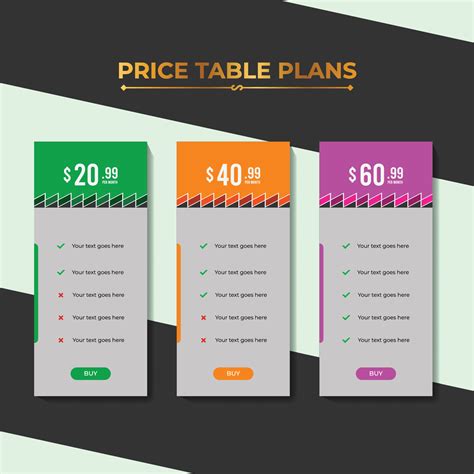 Colorful Pricing Plan Vector Template For Website Or App User Interface