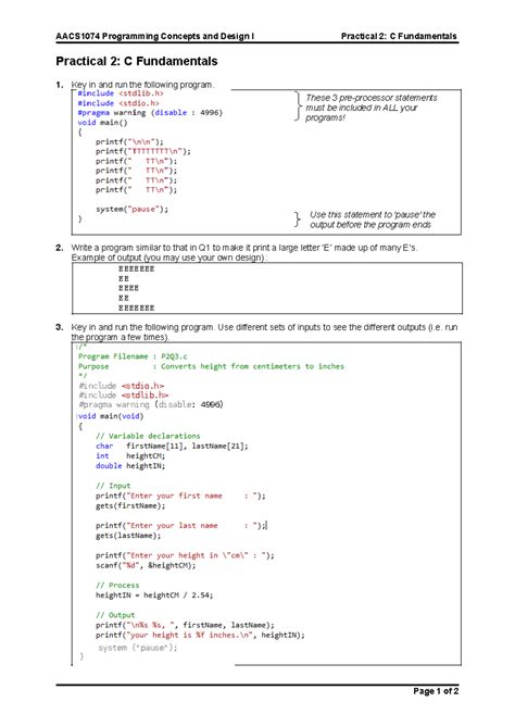 Practical 02 C Fundamentals Aacs1074 Programming Concepts And