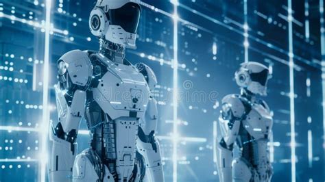 A Humanoid Robot With Ai White Cybernetic Robotic Cyborgs On Blue Background Stock Illustration