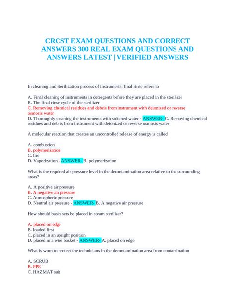 Crcst Exam Questions And Correct Answers 300 Real Exam Questions And Answers Latest Veri