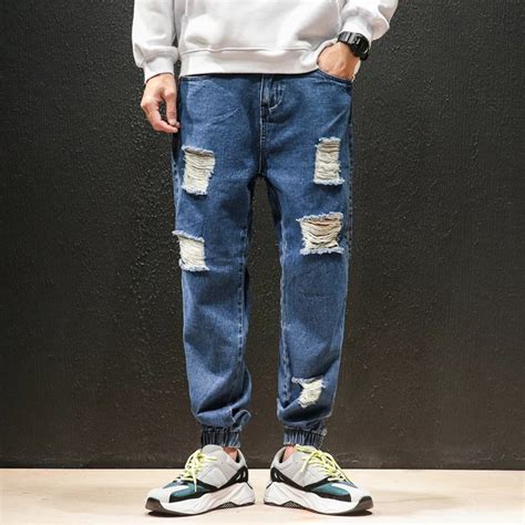 Mens Elastic Waist Jeans Hole Patchwork Ankle Harem Jeans Trousers Male