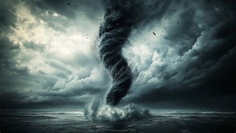 A Furious Waterspout Churning Over The Sea With Swirling Dark Clouds
