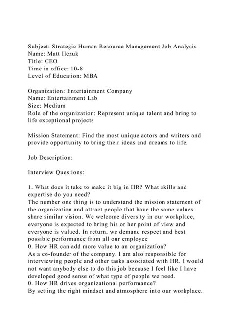 Subject Strategic Human Resource Management Job Analysis Name Docx