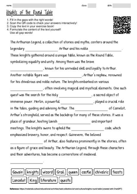 Worksheet With The Topic Knights Of The Round Table Materials School
