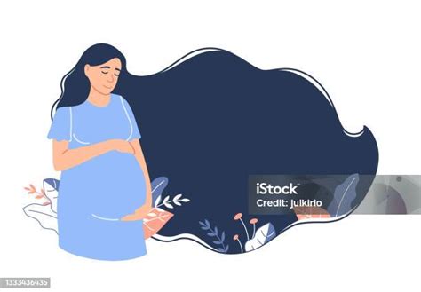 평평한 임신 배경 배를 들고 긴 어두운 머리를 가진 젊은 백인 미소 임신 한 여자 텍스트빈 공간이 있는 부모 꽃 무늬 배너