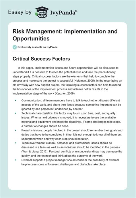 Risk Management Implementation And Opportunities Words Research Paper Example