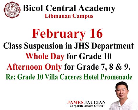 Announcement February 16 Bicol Central Academy Commons