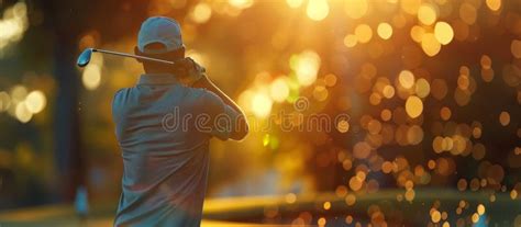 Golfer Silhouette In Sunset Hit Sweeping Iron Club After Hitting Golf