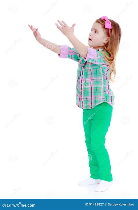 Cheerful Girl Standing Sideways Outstretched Hands Stock Image Image