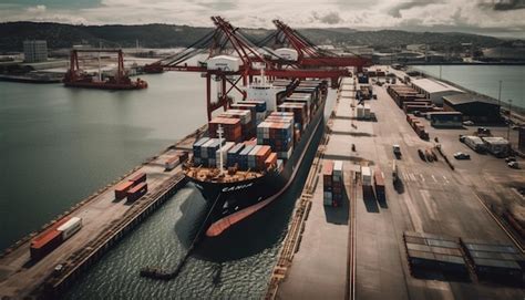 Premium Ai Image Container Ship Carrying Cargo Unloading At Quayside