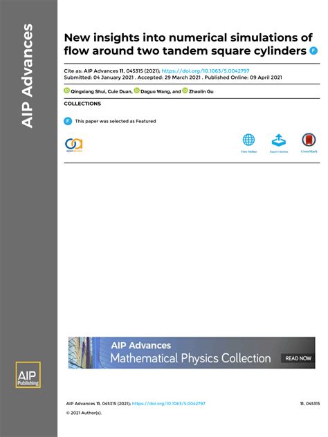 Pdf New Insights Into Numerical Simulations Of Flow Around Two Tandem Square Cylinders