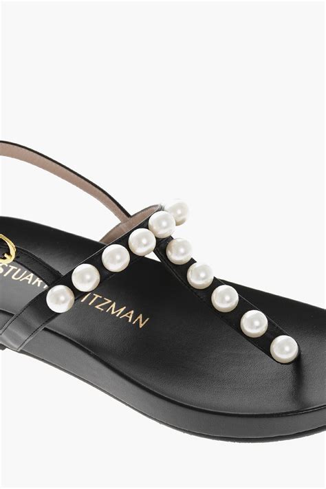 Stuart Weitzman Leather Goldie Pearl Thong Sandals With Pearls Women