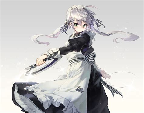 Apron Blush Dress Gradient Gray Hair Green Eyes Headdress Long Hair