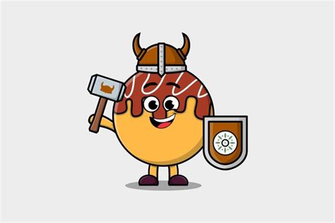 모자를 쓰고 망치와 방패를 들고 있는 귀여운 만화 캐릭터 타코야끼 바이킹 해적 프리미엄 벡터