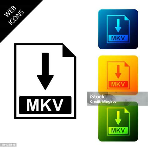 Mkv 파일 문서 아이콘입니다 격리 된 Mkv 버튼 아이콘을 다운로드합니다 설정 아이콘 다채로운 사각형 버튼 벡터 일러스트레이션