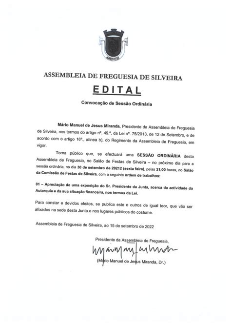 Assembleia De Freguesia Convocatória Freguesia Da Silveira