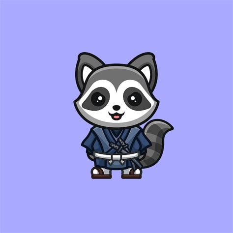 Mapache Samurai Cute Creative Kawaii Cartoon Mascot Logo Vector Premium