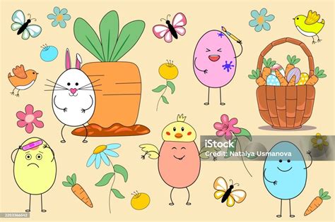 부활절 문자의 아주 귀여운 세트 컬렉션은 23 개의 항목으로 구성되어 있습니다 만화 캐릭터 달걀 나비 새 아름다운 꽃과 채소 섬세한 색상 4월에 대한 스톡 벡터 아트 및