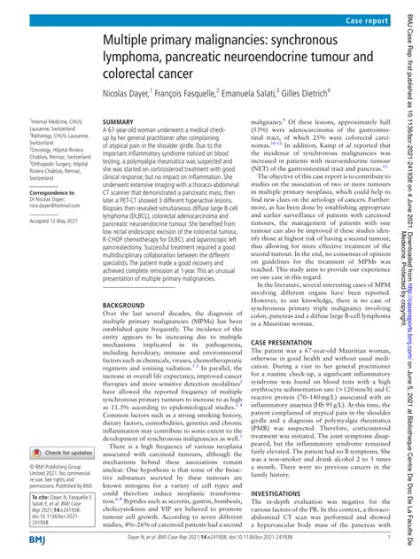 Pdf Multiple Primary Malignancies Synchronous Lymphoma Pancreatic