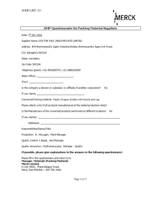 Annexure Xix Gmp Questionnaire For Packing Material Suppliers Merck