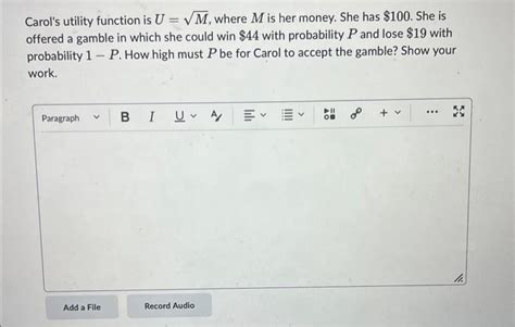 solved carol s utility function is u m where m is her