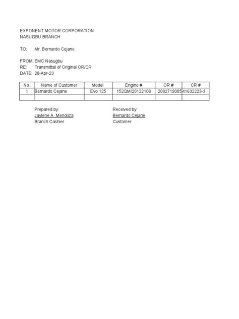 Transmittal Of Orcr Pdf
