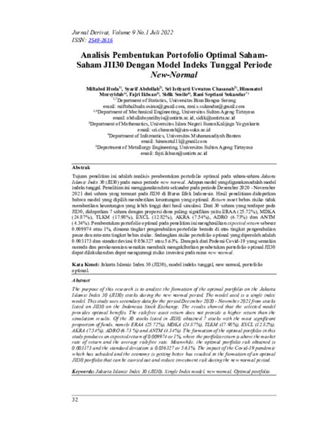 Pdf Analisis Pembentukan Portofolio Optimal Saham Saham Jii30 Dengan