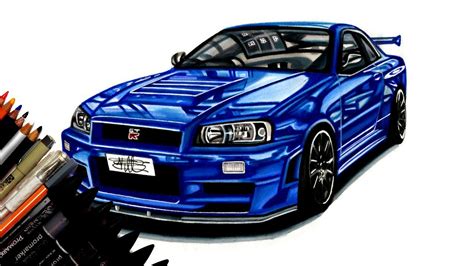 Realistic Car Drawing Nissan Skyline Gt R R34 Time Lapse 41 Off