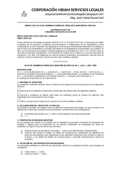 Modelo De Acta De Asamblea Sindical Para CorporaciÓn Hiram Servicios