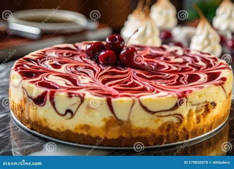 Freshly Baked Cheesecake Topped With Swirls Of Cream Cheese And Cherry