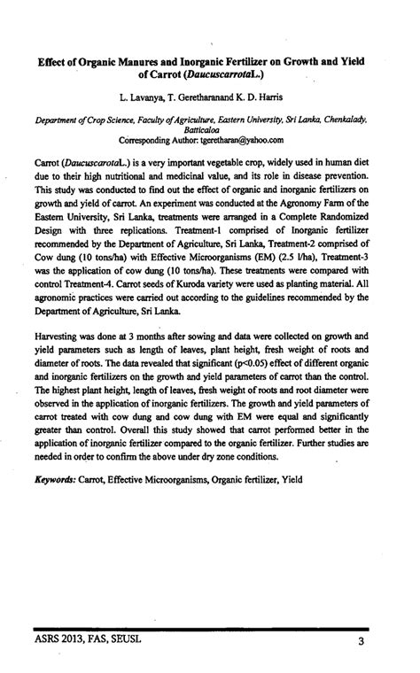 Pdf Effect Of Organic Manure And Inorganic Fertilizer On Growth And