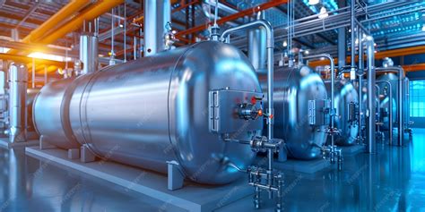 Modern Industrial Boiler Room With Large Metal Tanks Pipes And Heat