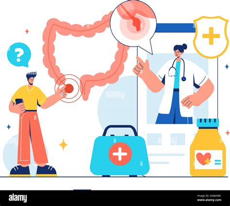 Vector Illustration Of A Proctologist Or Colonoscopy With A Doctor Examining The Colon And