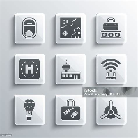 여행 가방 비행기 프로펠러 라우터 및 Wifi 신호 공항 관제탑 열기구 헬리콥터 착륙장 비행기 창 및 여행 가방 아이콘이 있는 컨베이어 벨트를 설정합니다 벡터 가방에 대한