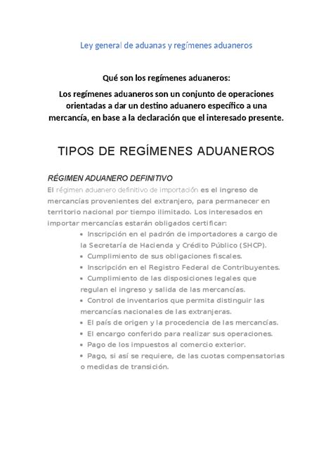 Ley General De Aduanas Y Regímenes Aduaneros Tipos De RegÍmenes