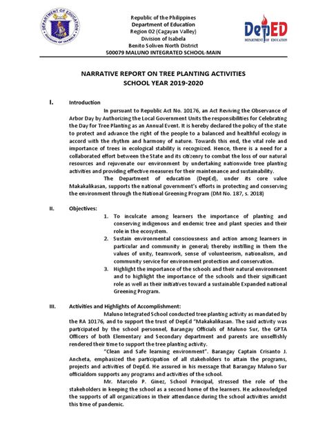 Narrative Report On Tree Planting Activities School Year 2019 2020 I