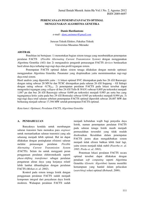 Pdf Perencanaan Penempatan Facts Optimal Menggunakan Algoritma Genetika