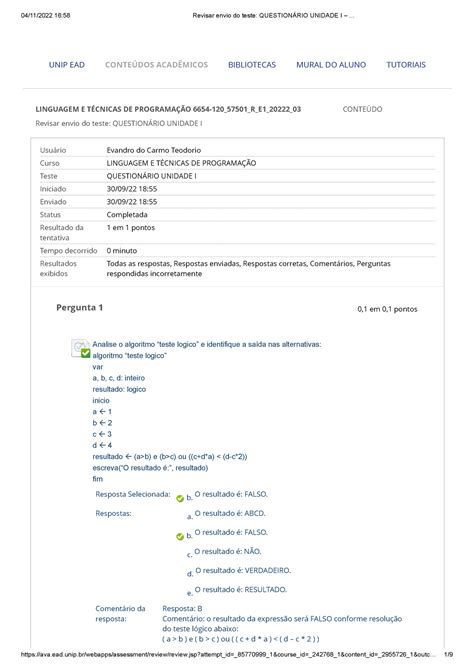 lógica de programação unidade 1 unip revisar envio do teste