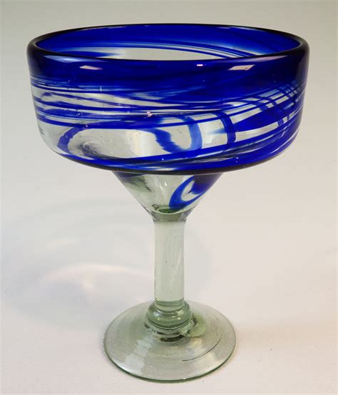 Mexican Margarita Glasses Blue Swirl 15oz Set Of Four Hand Blown In