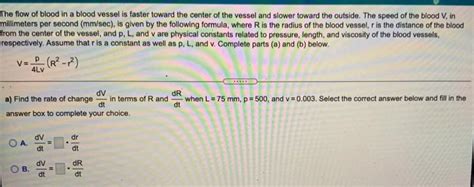 Solved The Flow Of Blood In A Blood Vessel Is Faster Toward Chegg