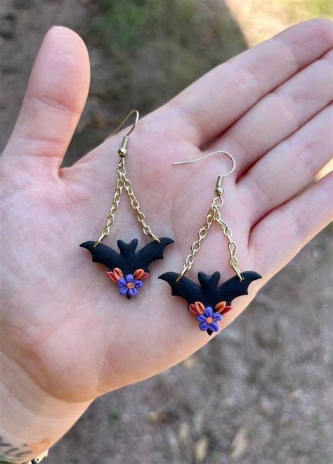 Bat Earrings Handmade Polymer Clay Earrings Gold Plated Halloween