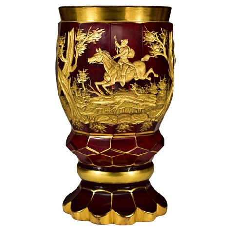 Ruby Goblet With Gilt Engraving Hunting Motif 19 20 Century For Sale