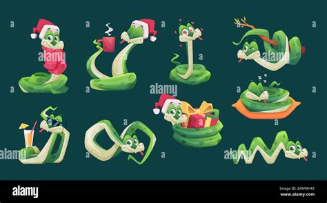 Green Snake Lizards In Action Poses New Year 2025 Symbols Cartoon