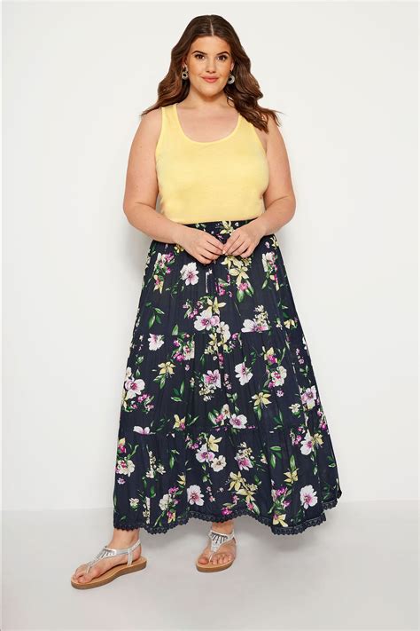 Navy Floral Tiered Maxi Skirt Plus Size 16 To 36 Yours Clothing