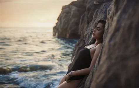 Wallpaper Sea Swimsuit Girl Sunset Rocks Brunette Nicholas David