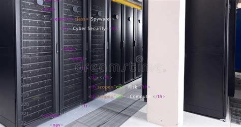 image of multicolored computer language over data server racks in