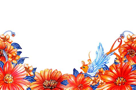 판타지 조류와 꽃 꽂이 수채화 빨간 프레임 엽서용 컴퓨터 프로세싱으로 그리기 그런지 이미지 기법에 대한 스톡 벡터 아트 및 기타 이미지 그런지 이미지 기법 그리기