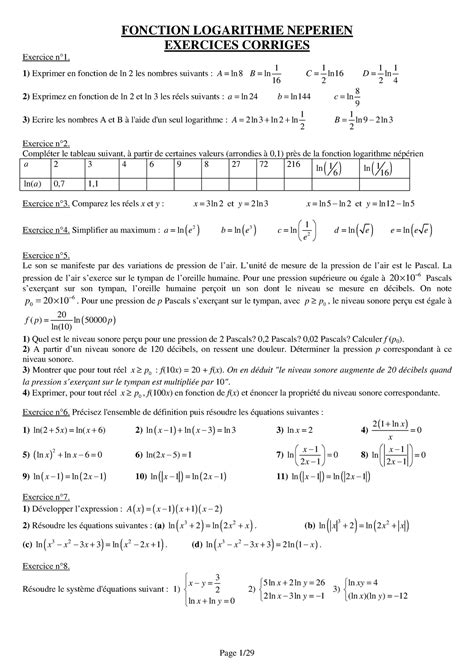 Logarithmes Exercicescorriges FONCTION LOGARITHME NEPERIEN